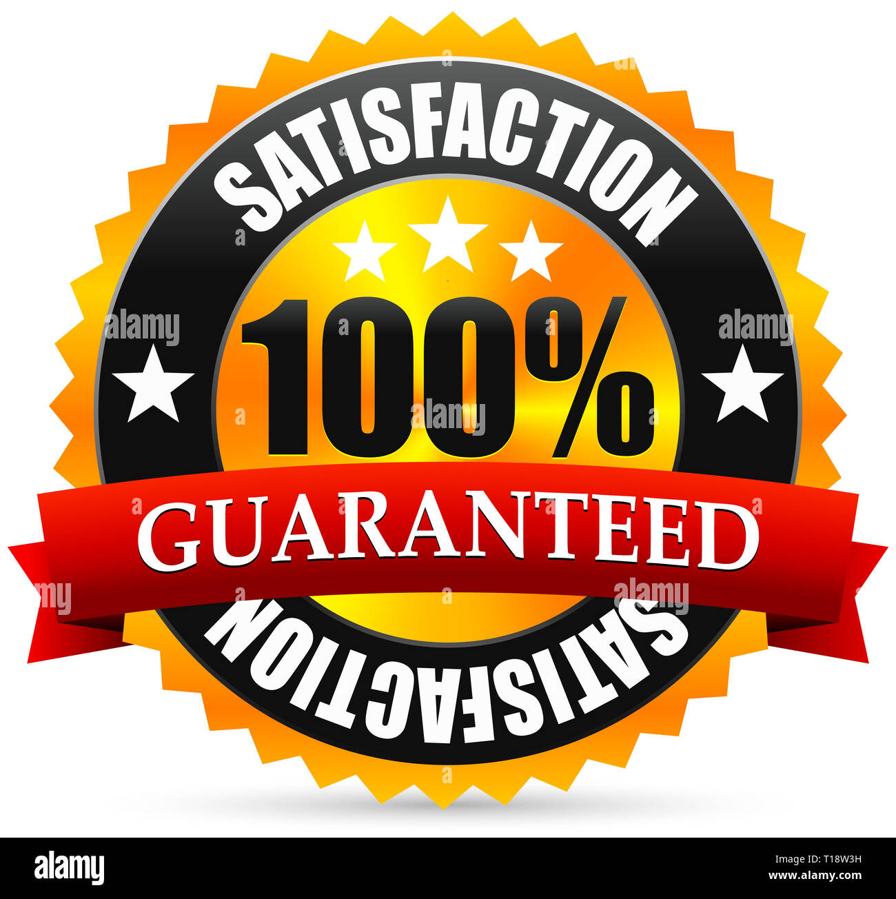 Satisfaction guarantee seal, stamp or badge with red ribbon, banner ...