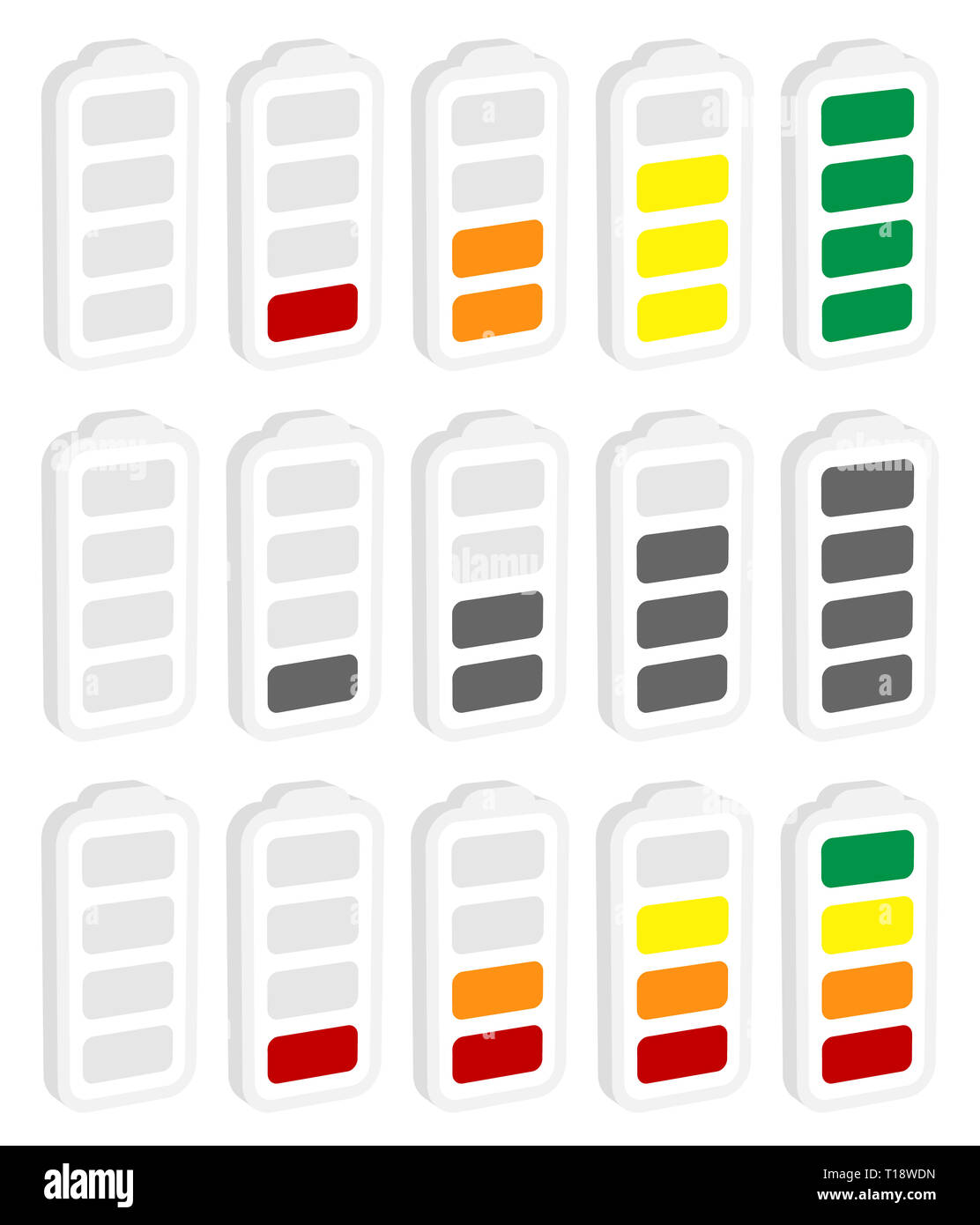 Battery level indicator symbol set from low to high. No energy, charge ...