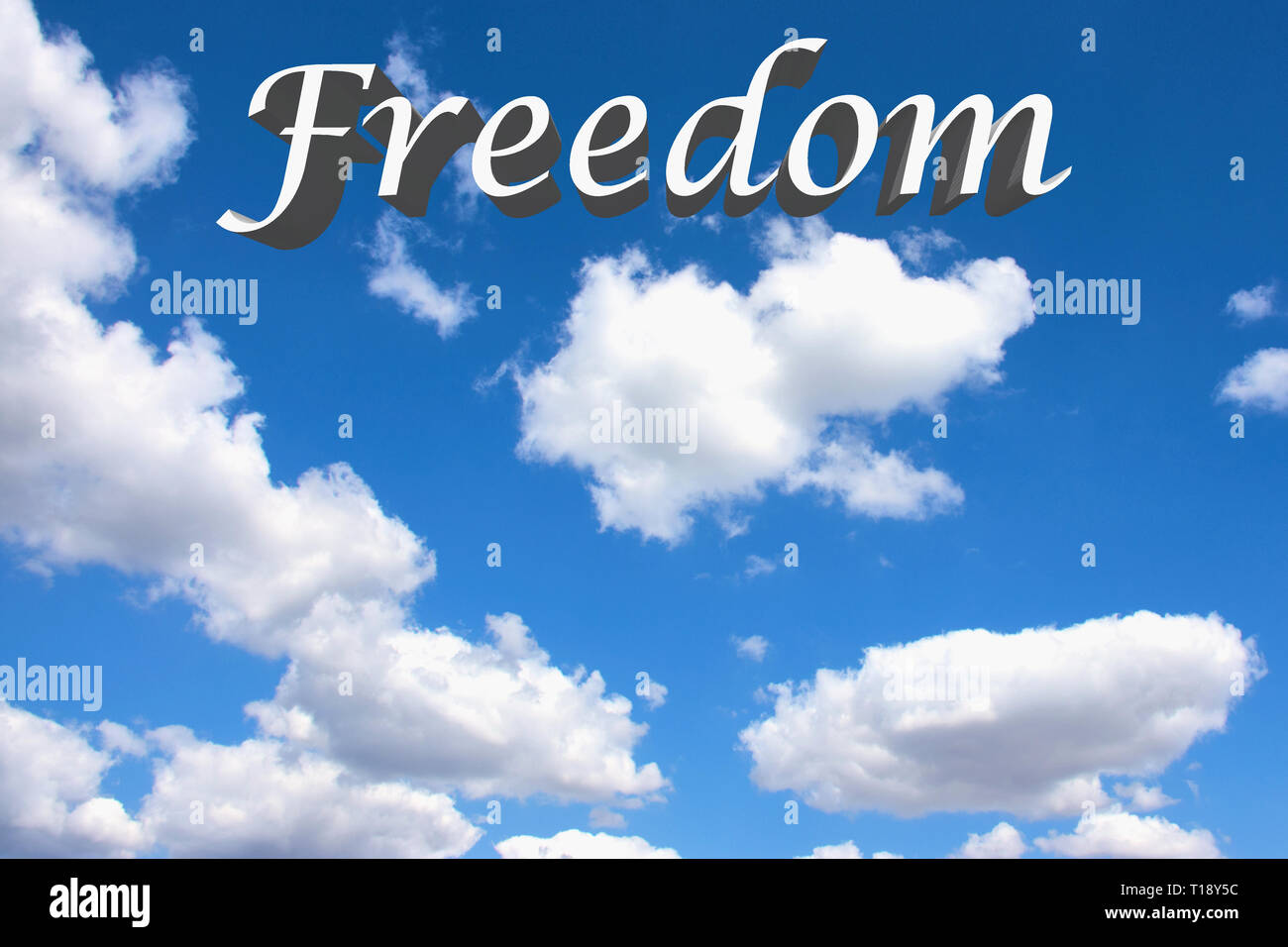 word freedom on blue sunny sky with white clouds, color picture Stock ...