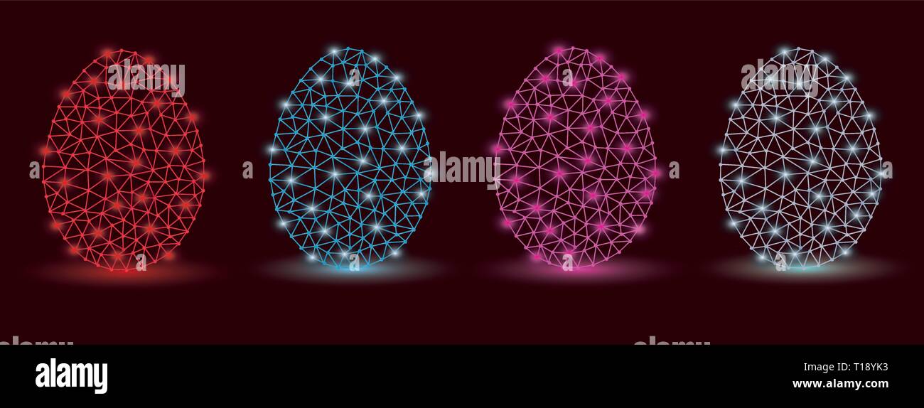 Set Abstract Easter eggs consisting of lines and glowing or neon dots ...