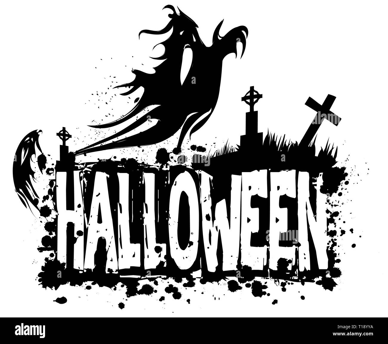 Halloween grungy silhouette background with ghosts in graveyard, black ...
