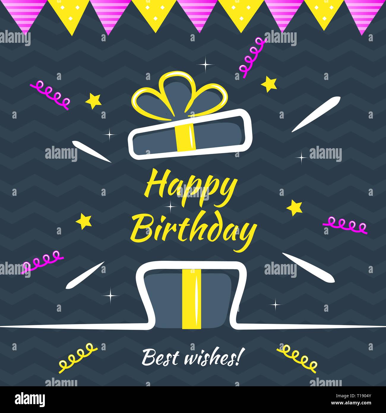 Happy Birthday greeting card vector design. Gift box with bow, confetti ...