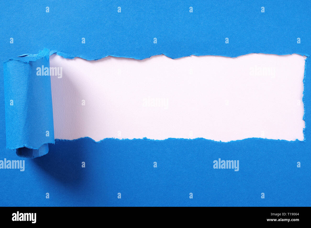 Torn blue paper strip curled edge border white background Stock Photo ...