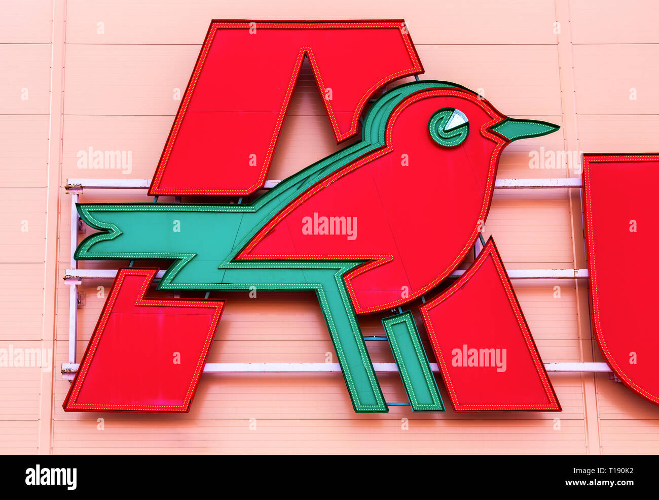 Samara, Russia - March 23, 2019: Auchan store logo. Auchan is a French ...