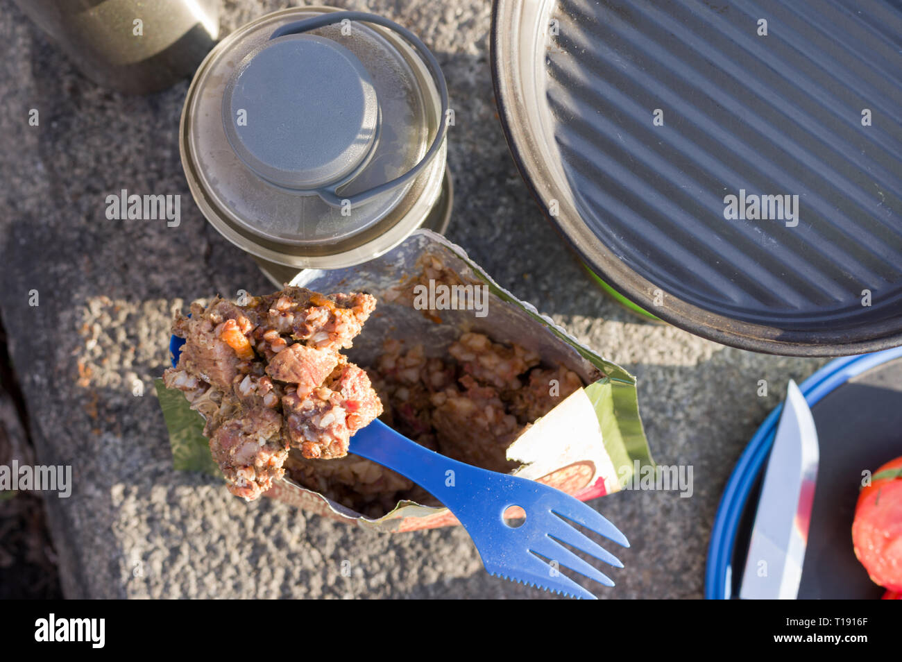 Warming sublimated food. Sublimated food and tourist dishes Stock Photo ...