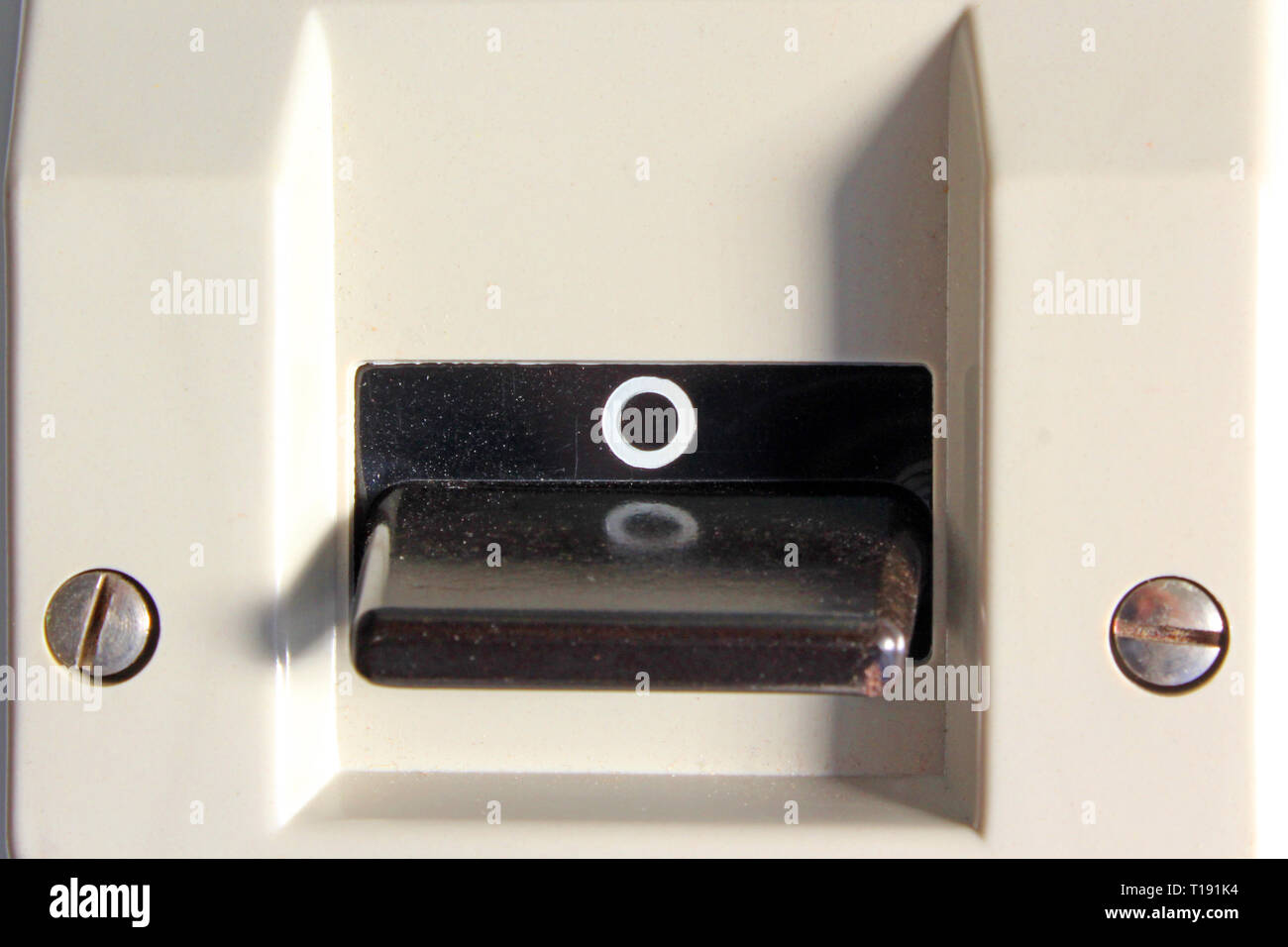 Vintage power switch on-off, isolated on white background, close-up ...