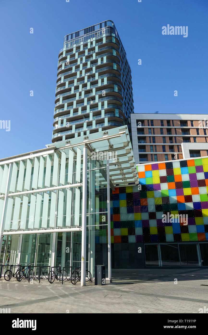 Glass Mill Leisure Centre with residential buildings behind in Lewisham ...
