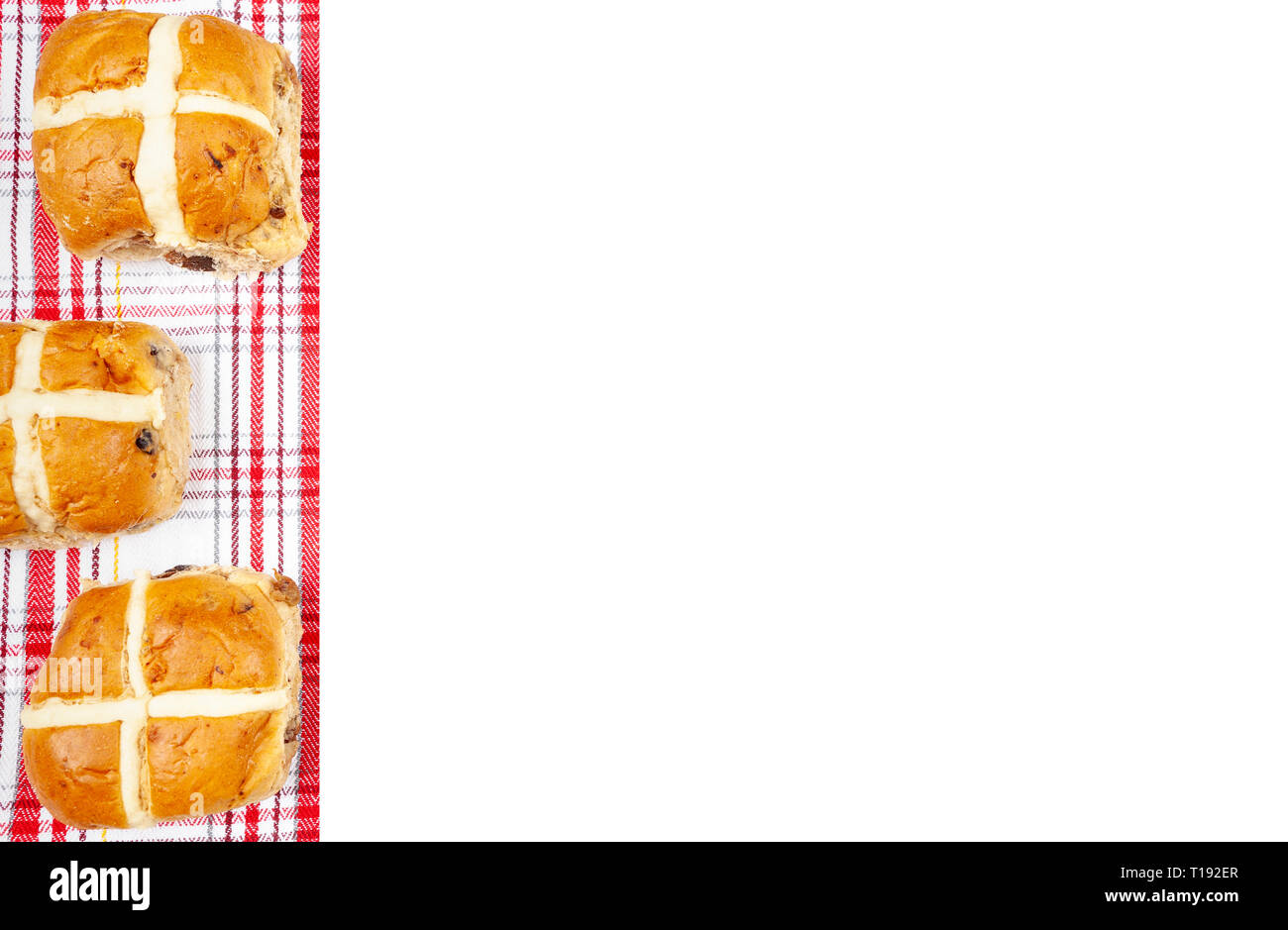 White background with a hot cross buns on a red and white pattened left ...