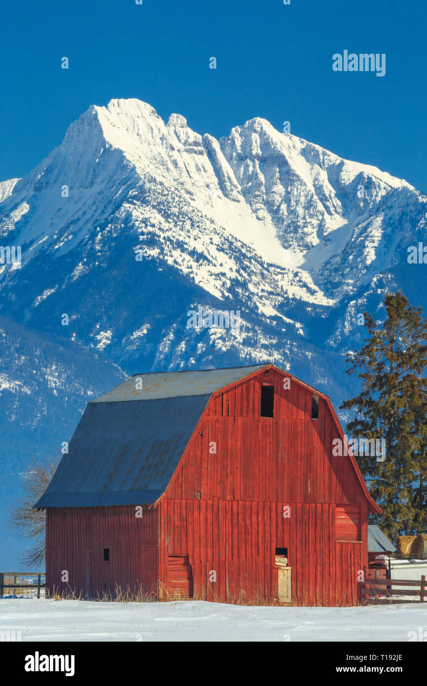 red barn below the mission mountains in winter near ronan, montana ...