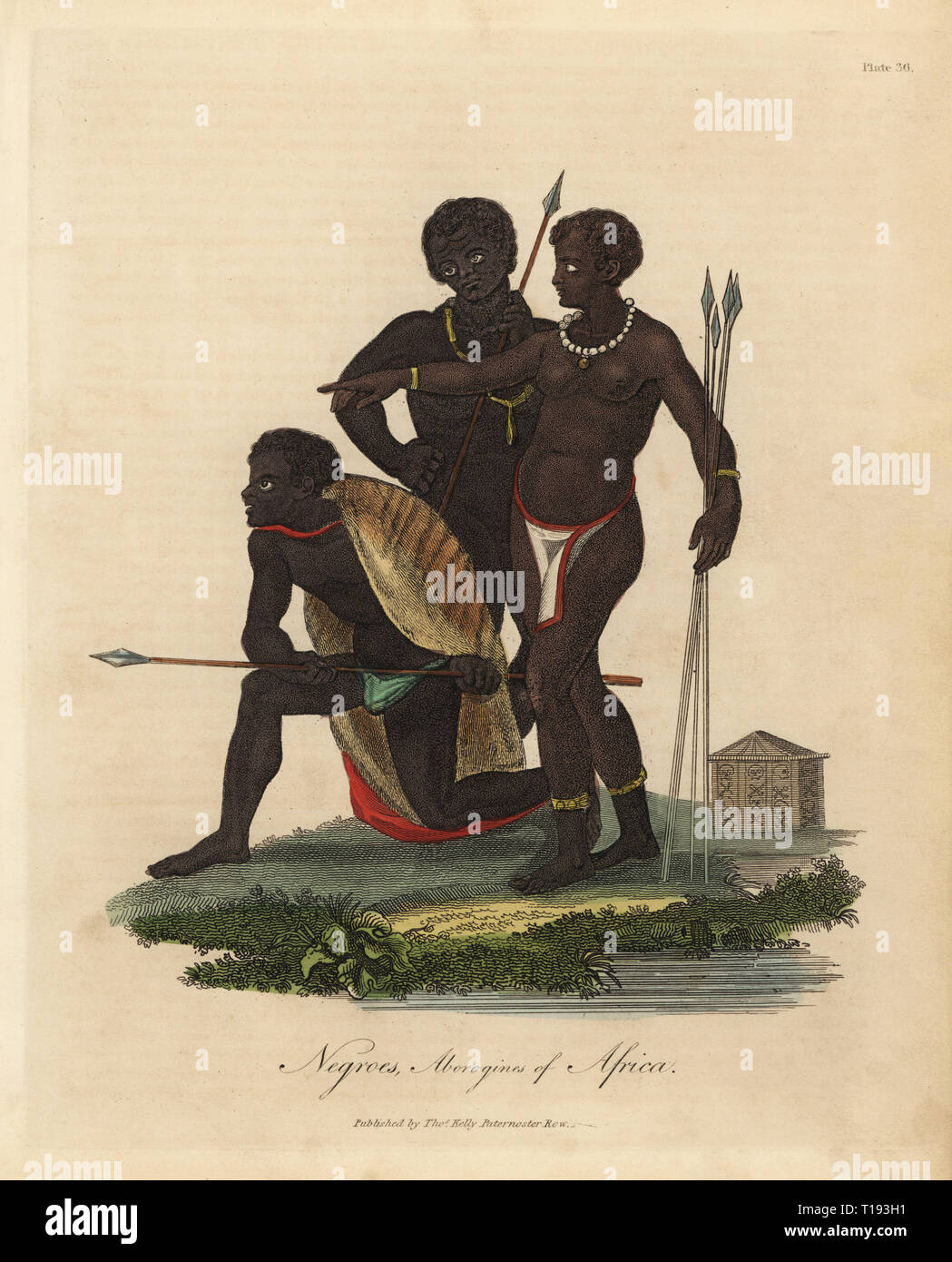 South African natives with spears, animal skin coat, necklace. Negroes ...