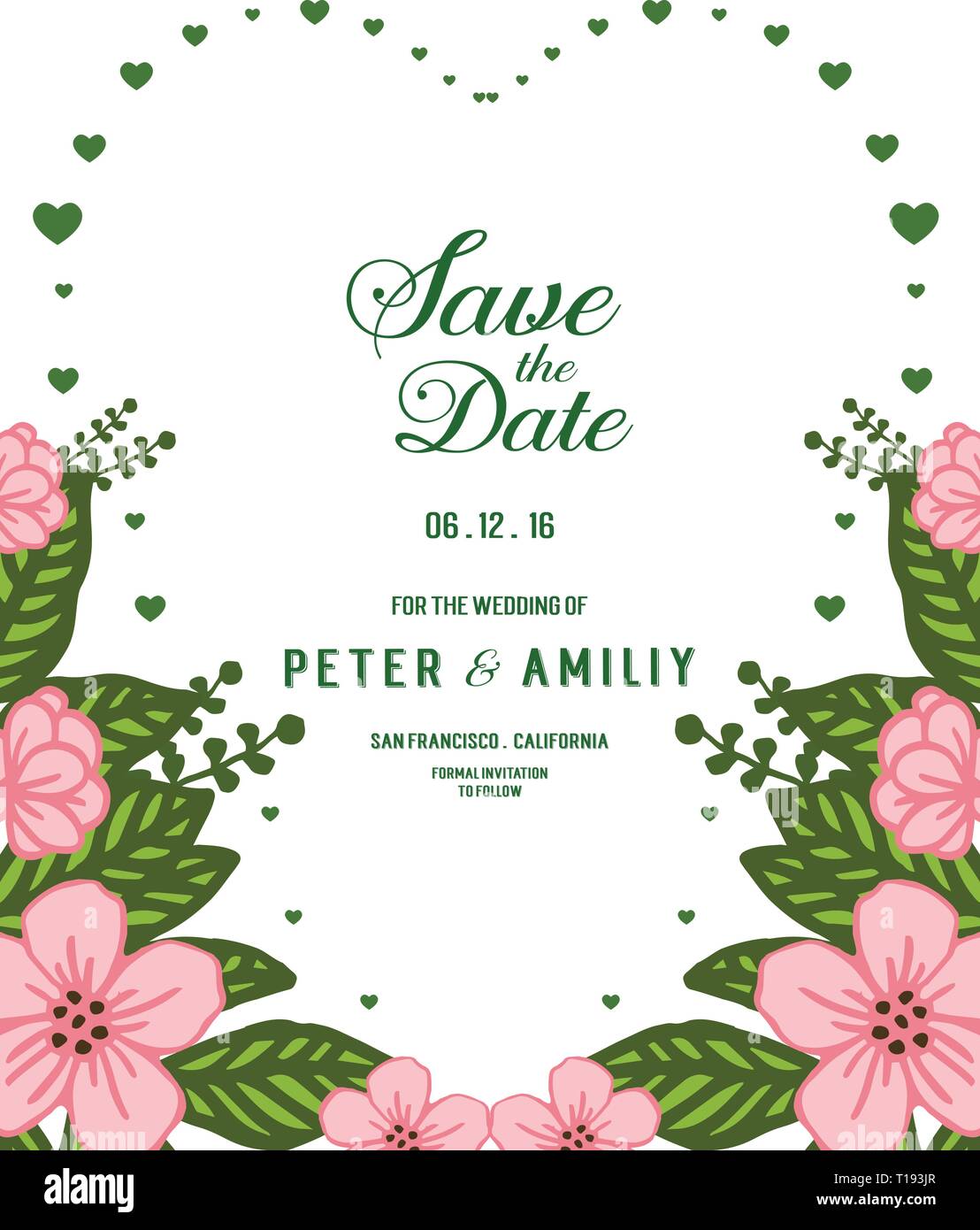 Vector illustration pink flower frame and decorative leaves with backdrop to save the date hand ...