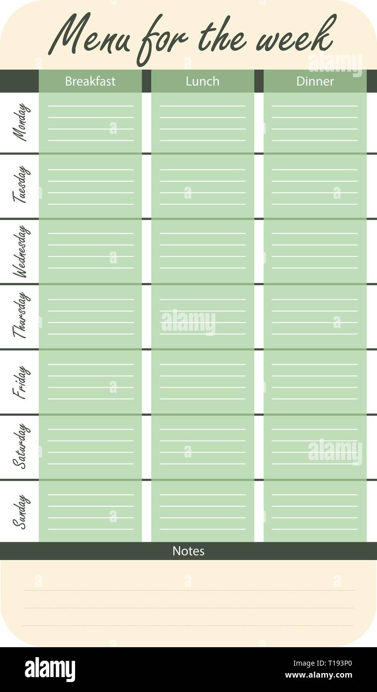 meal plan for the week vector. green menu options for the week ...