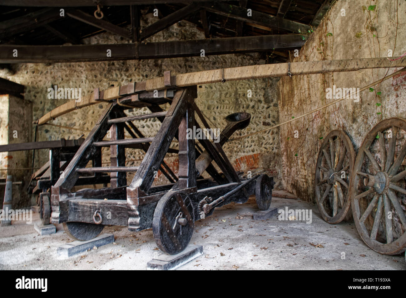 Medieval siege weapons, catapult with bow engine Stock Photo - Alamy