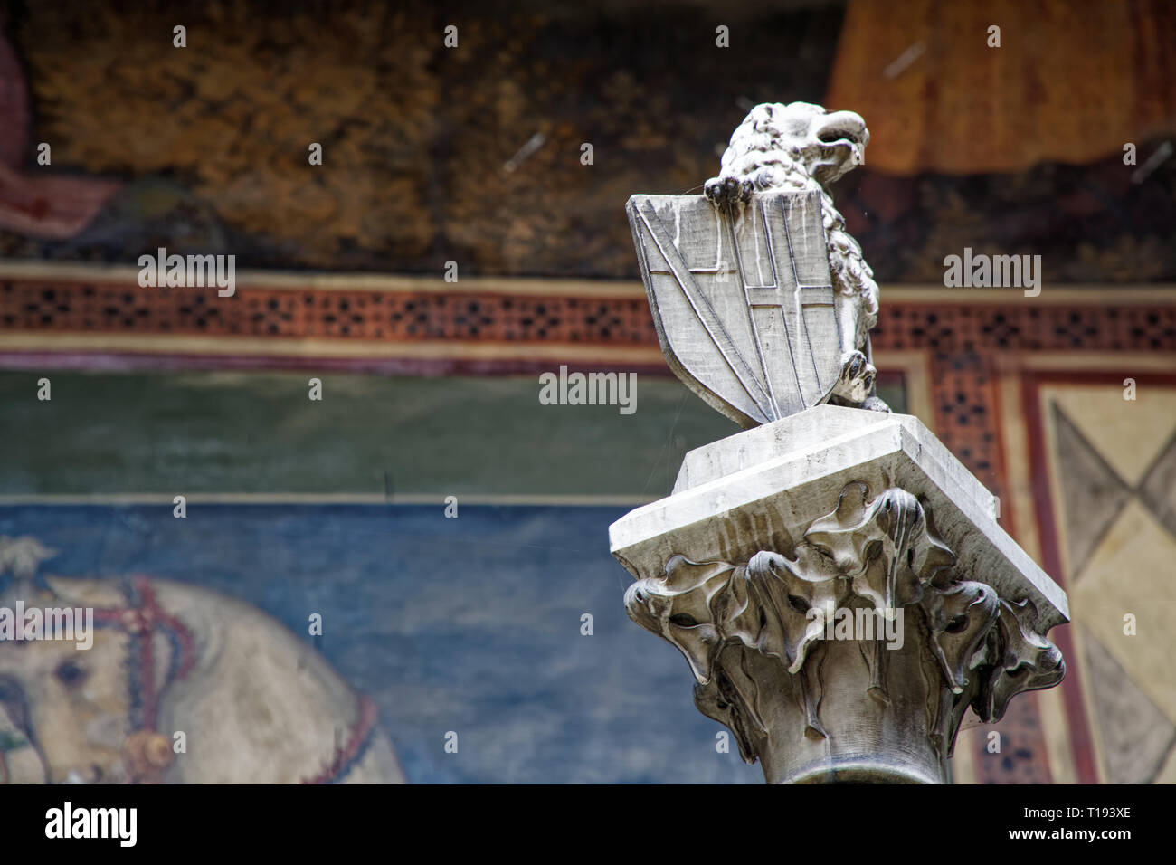 Medieval sculptures on Wall, decorated building with mythical creatures ...