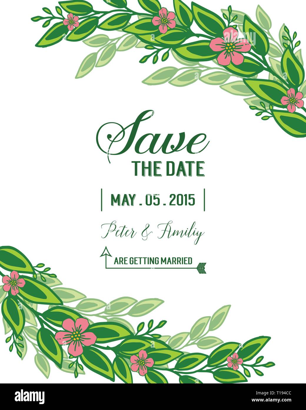 Vector illustration lettering save the date with crowd green leafy flower frame beautiful hand ...