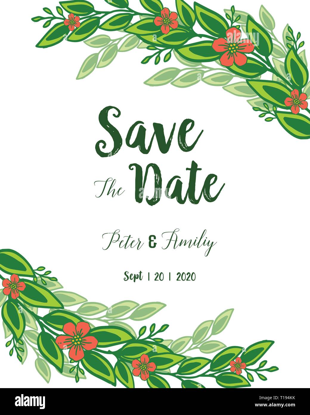 Vector illustration green leafy flower frame blooms with wedding invitation card save the date ...