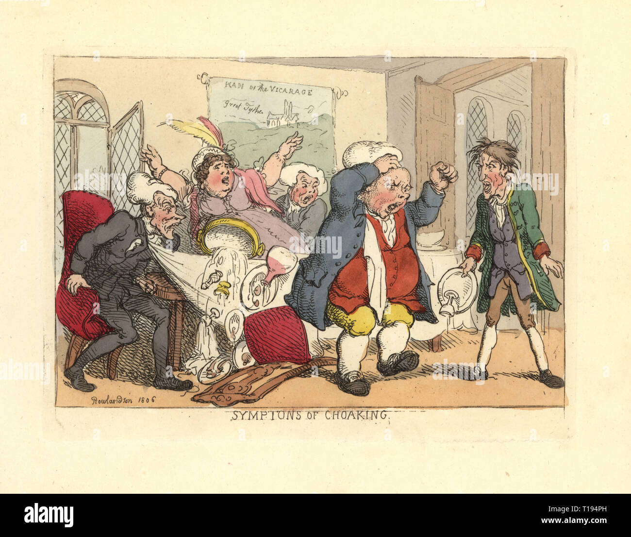 Man standing up, clutching his head while choking at the dinner table ...