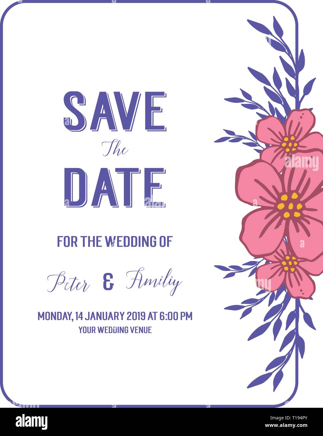 Vector illustration lettering save the date with abstract pink flower frames hand drawn Stock ...