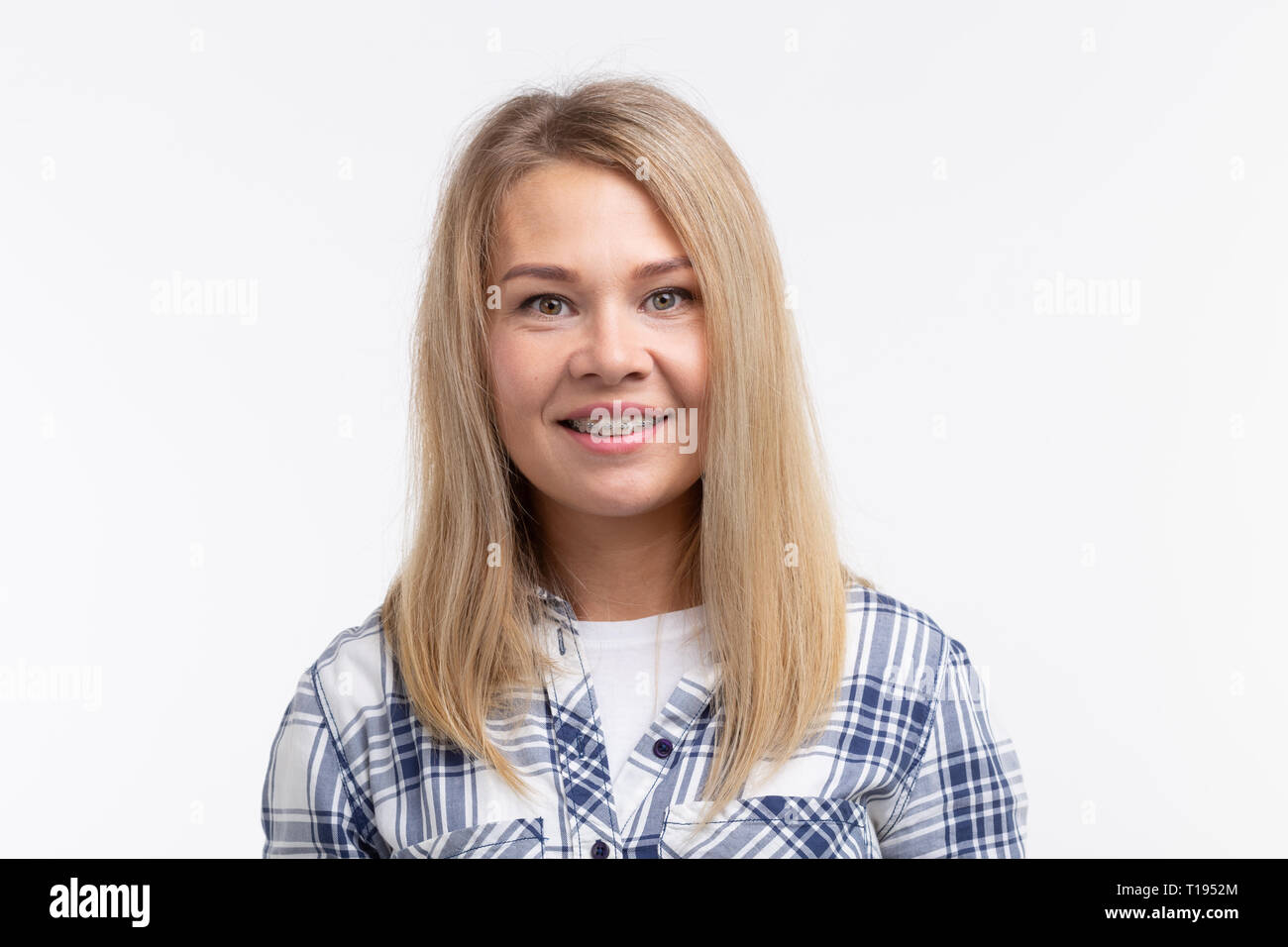 Teeth health, dentistry and bite correction - Happy smiling woman with ...