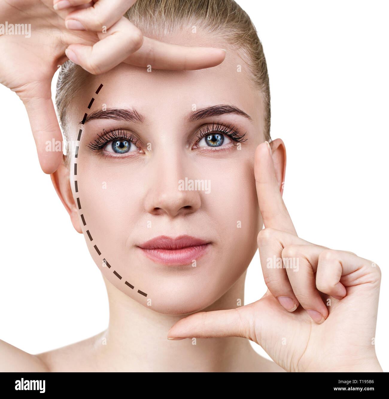 Beautiful female face with dotted line on face oval Stock Photo - Alamy