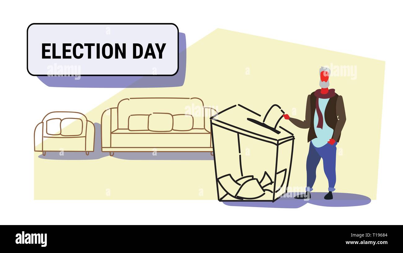 election day concept senior casual man voter putting paper ballot list ...