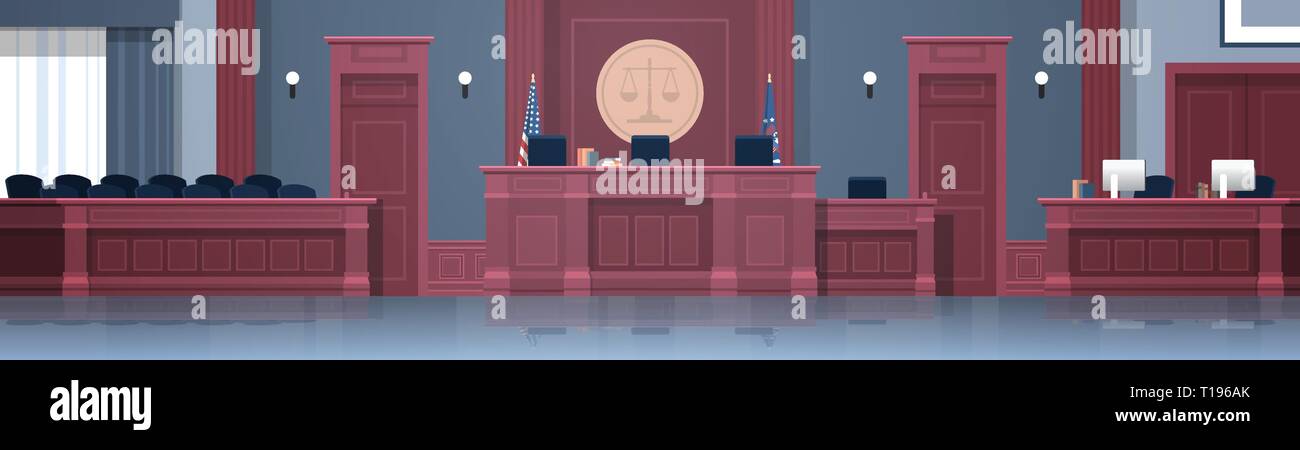 empty courtroom with judge and secretary workplace jury box seats ...