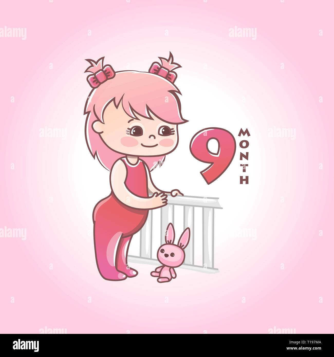 Little baby girl with pink bow and toy bunny. Stages of child ...