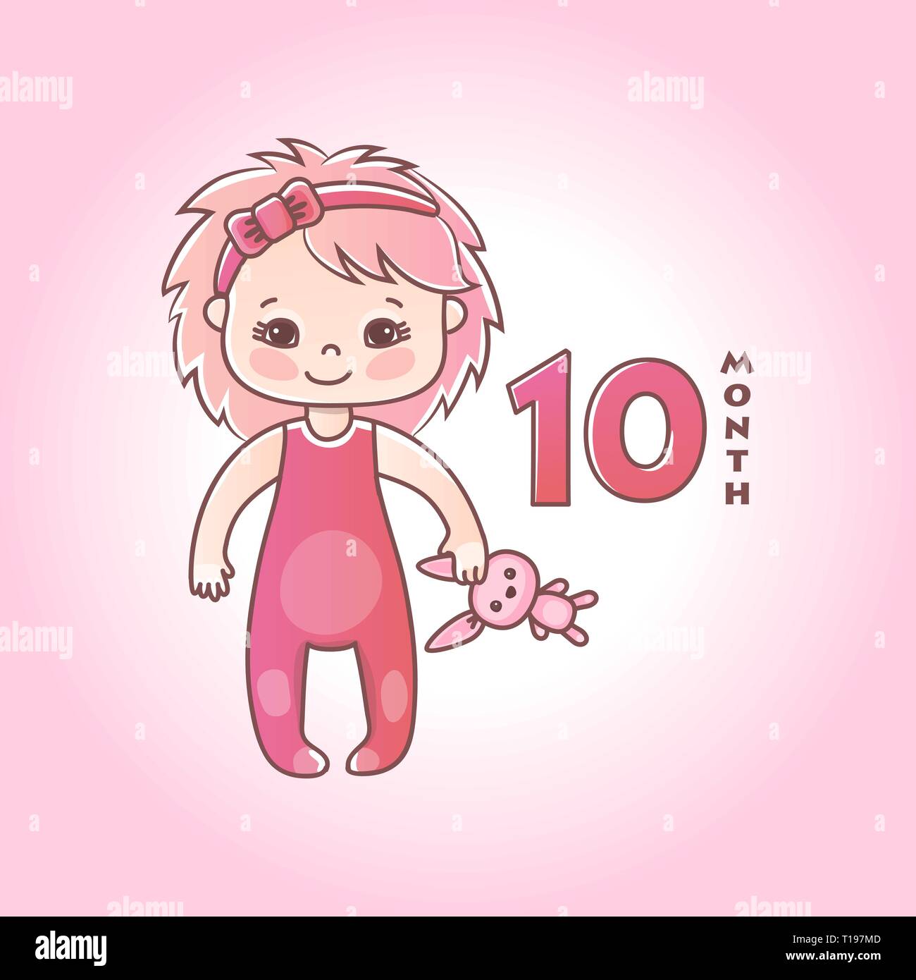 Little baby girl with pink bow and toy bunny. Stages of child ...