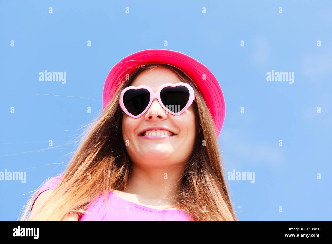 Accessories, female summer fashion, sun protection concept. Smiling ...