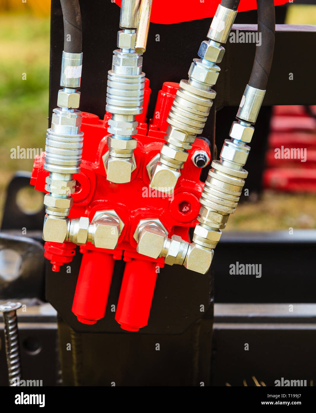 Agriculture equipment concept. Industrial detailed pneumatic, hydraulic ...