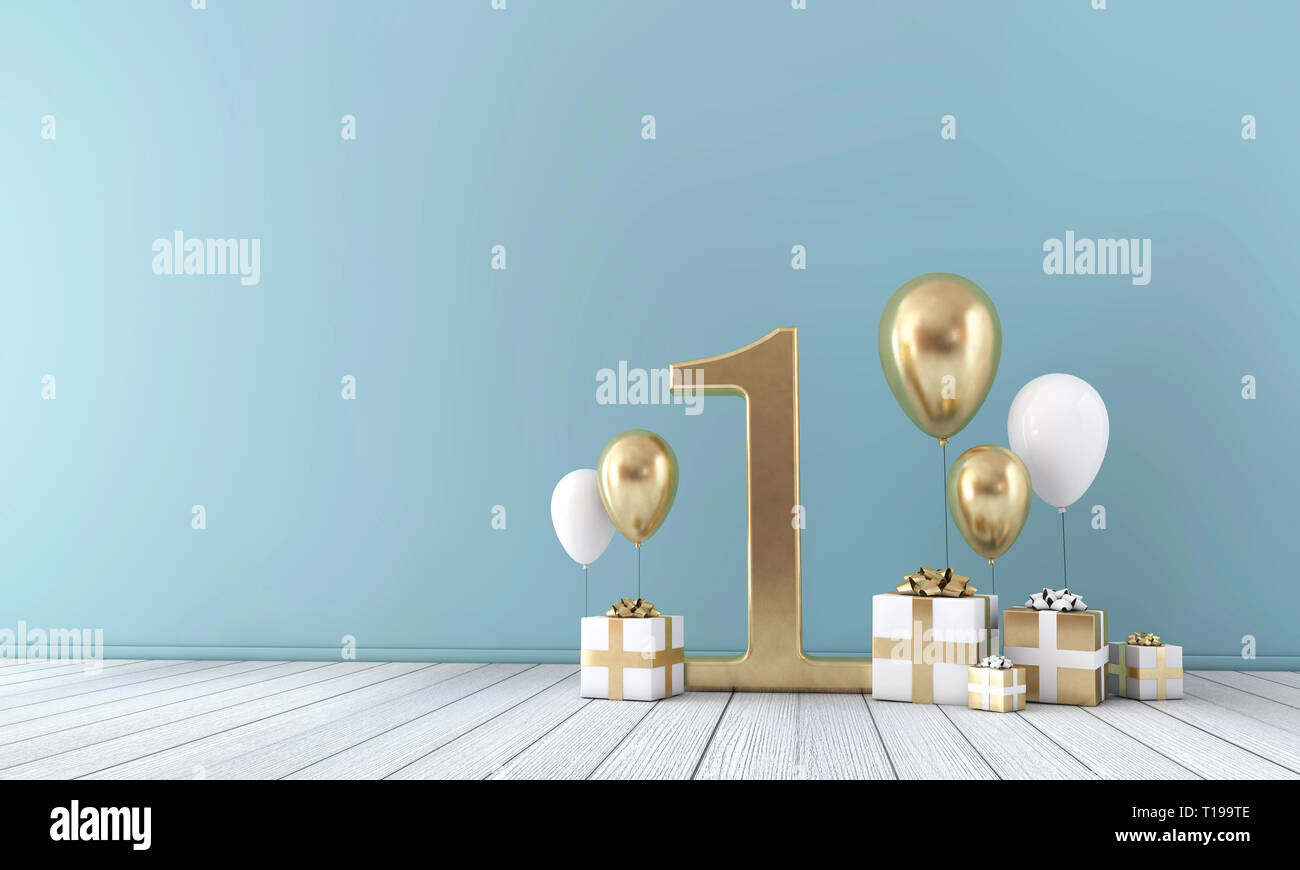 Number 1 party celebration room with gold and white balloons and gift ...