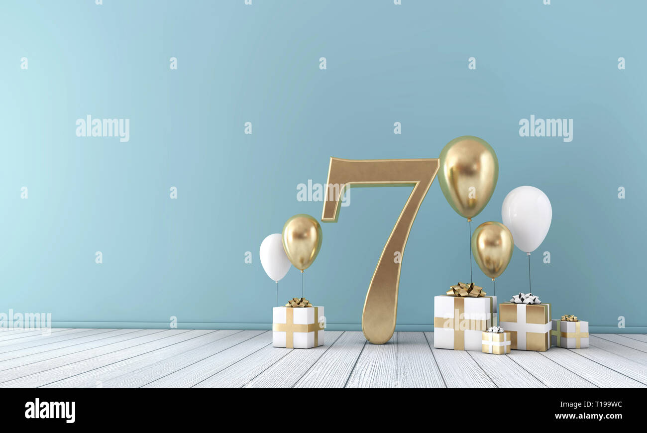Number 7 party celebration room with gold and white balloons and gift ...