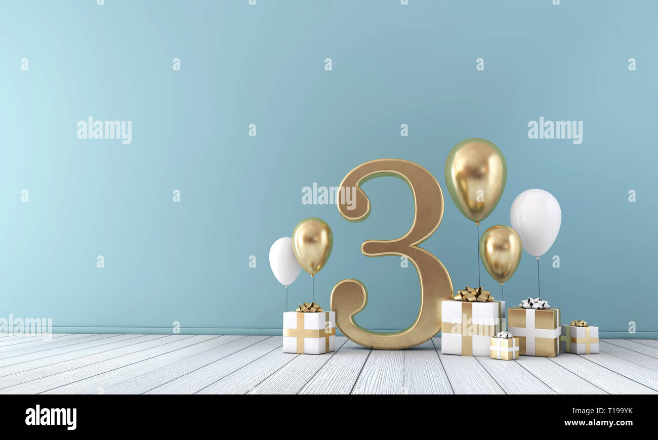 Number 3 party celebration room with gold and white balloons and gift ...