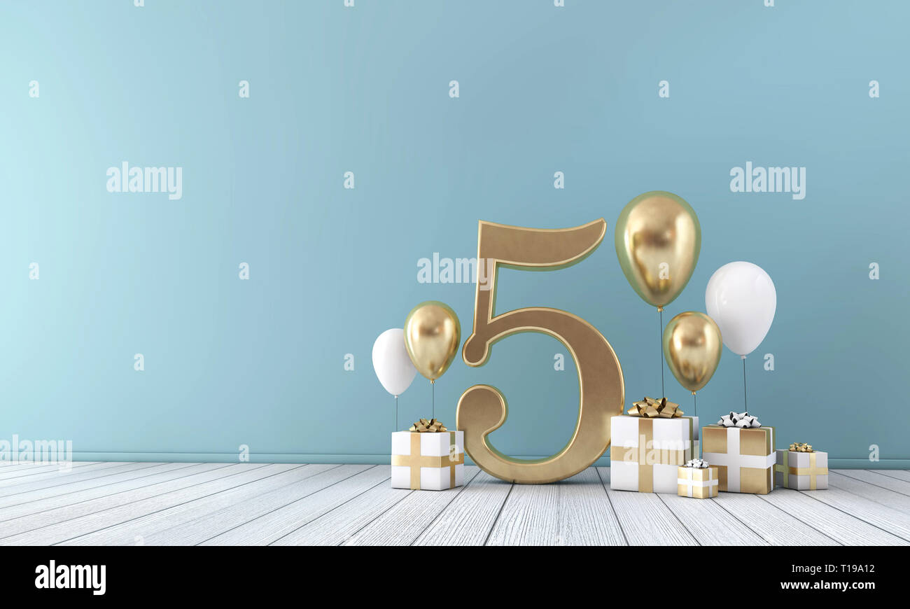 Number 5 party celebration room with gold and white balloons and gift ...