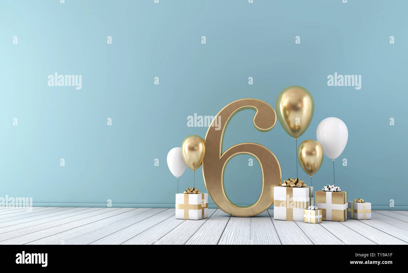 Number 6 party celebration room with gold and white balloons and gift ...