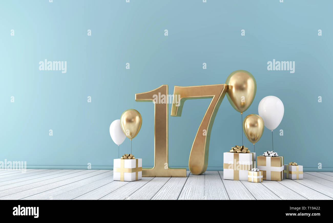 Number 17 party celebration room with gold and white balloons and gift ...