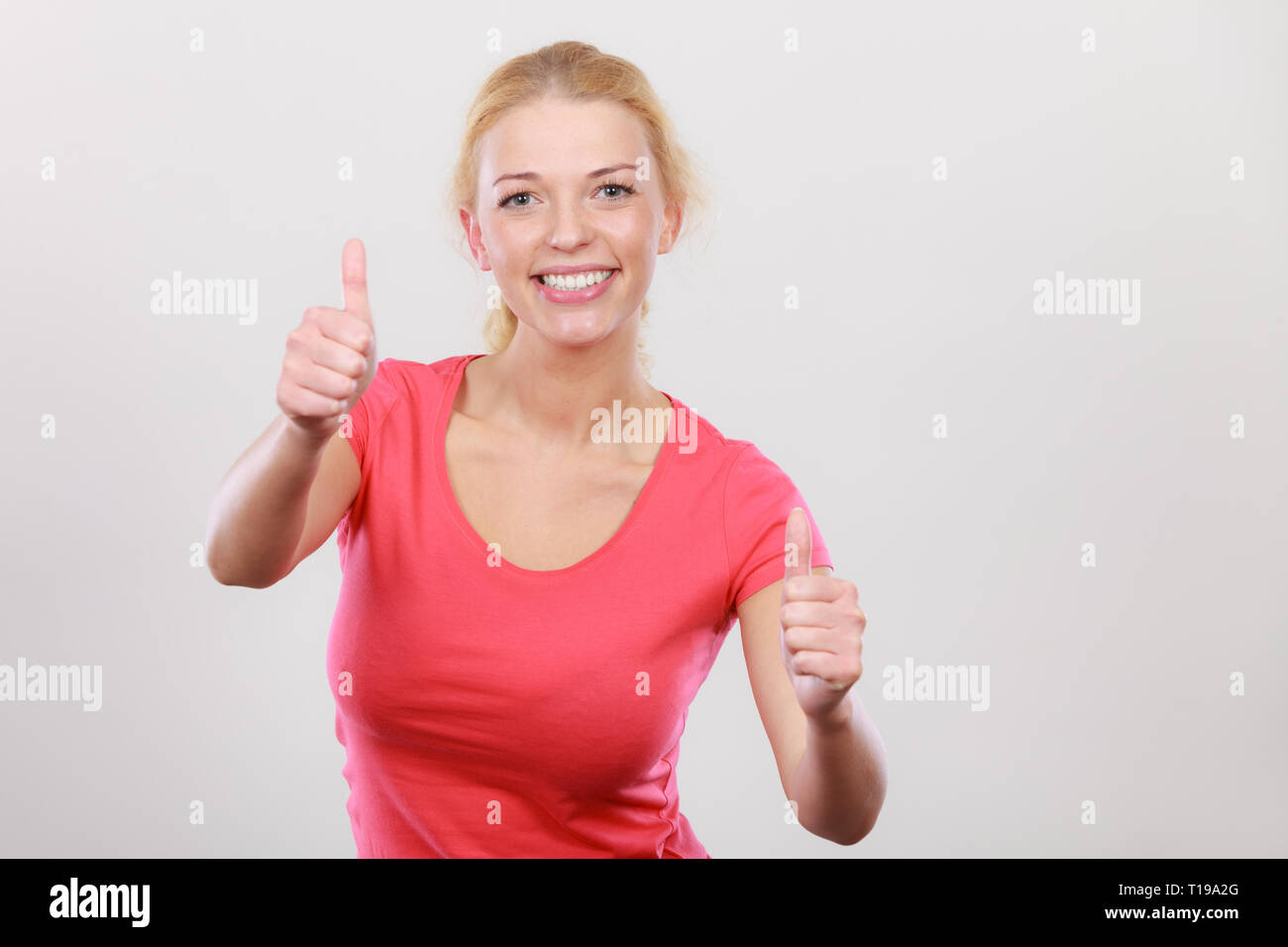 Positive gestures, approval and success concept. Happy attractive woman ...
