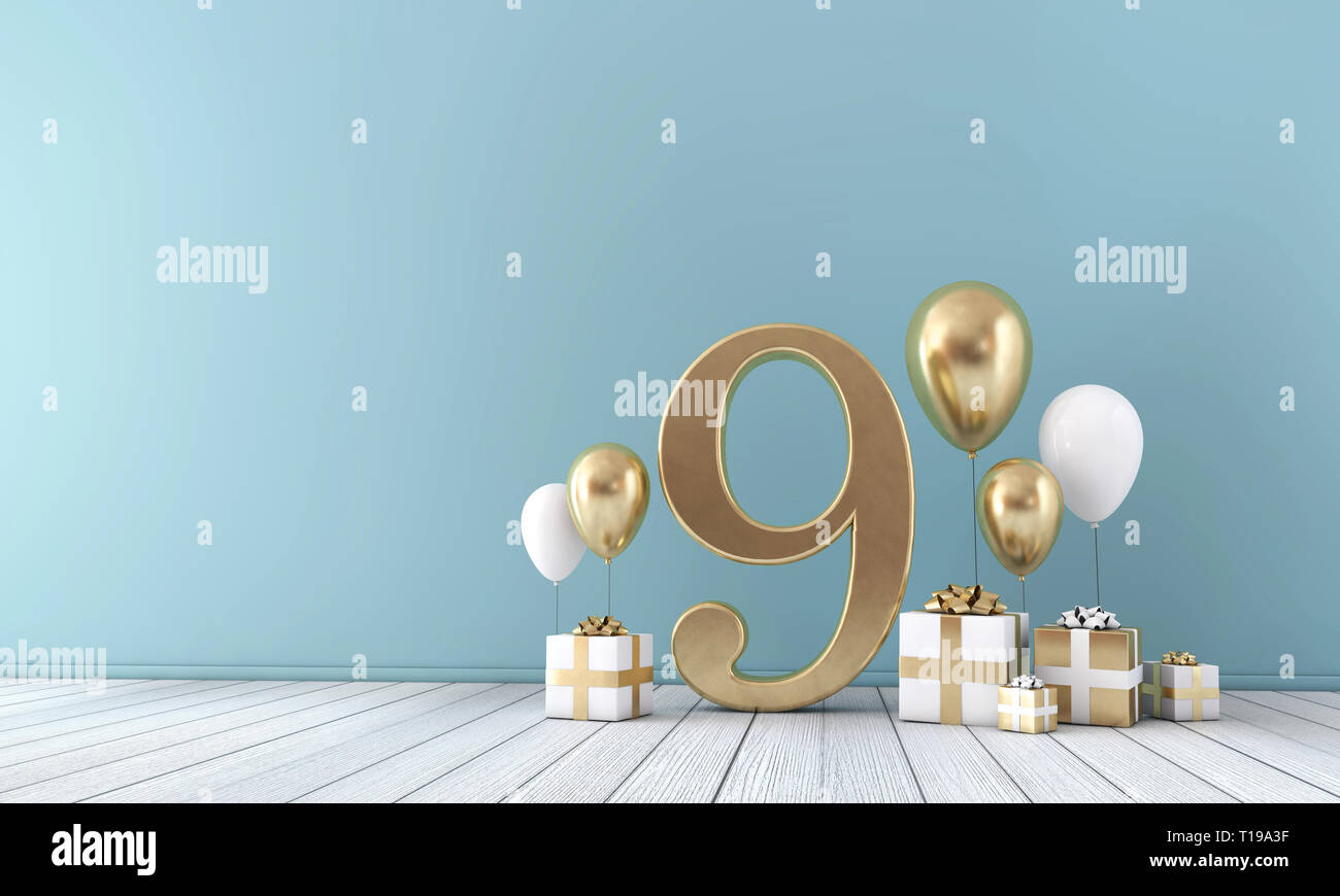 Number 9 party celebration room with gold and white balloons and gift ...