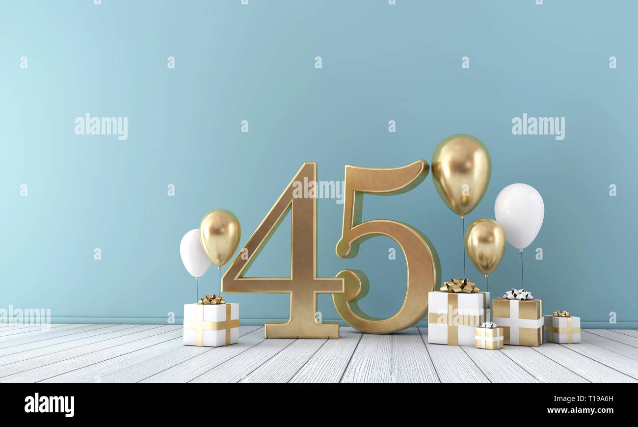 Number 45 party celebration room with gold and white balloons and gift ...