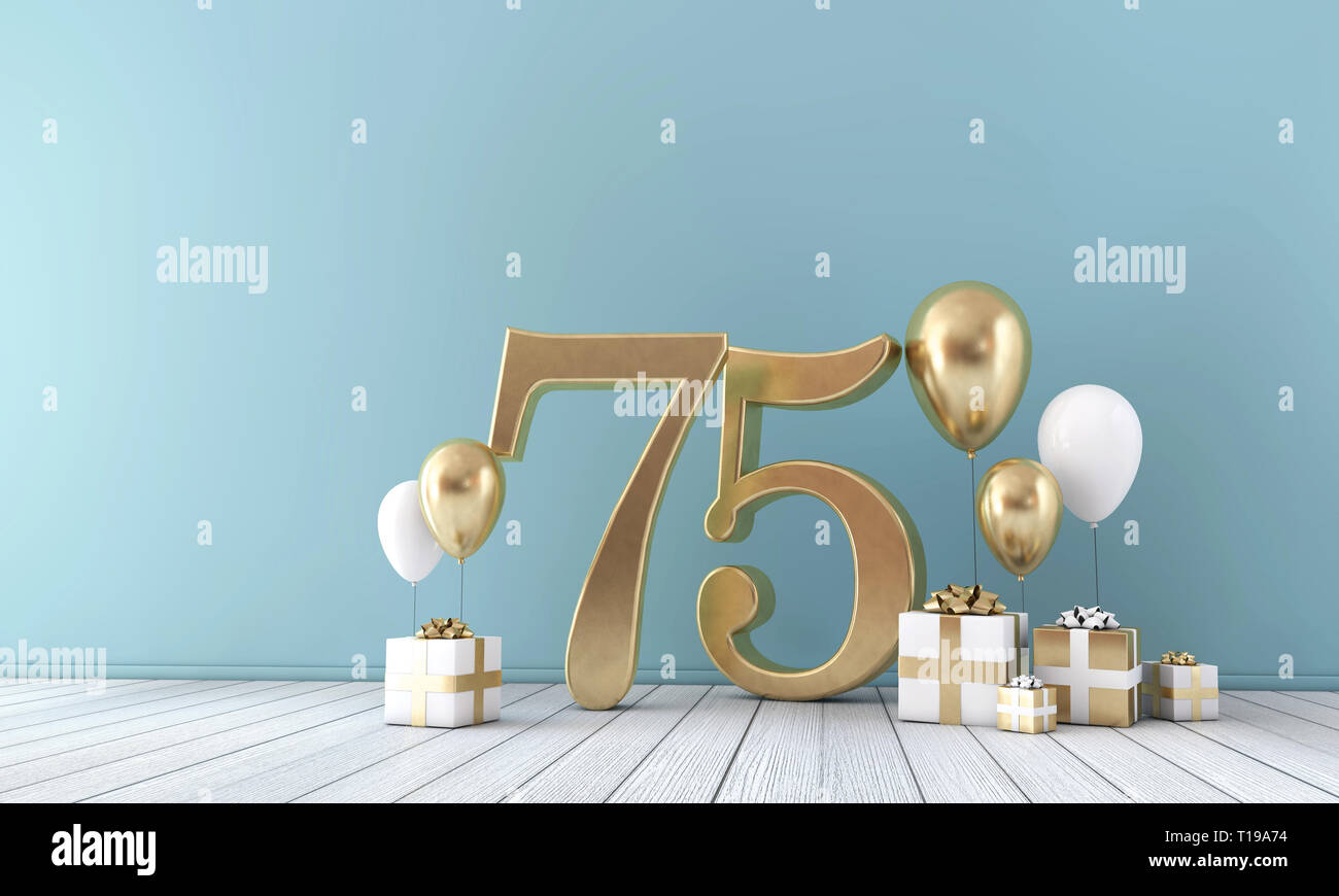 Number 75 party celebration room with gold and white balloons and gift ...