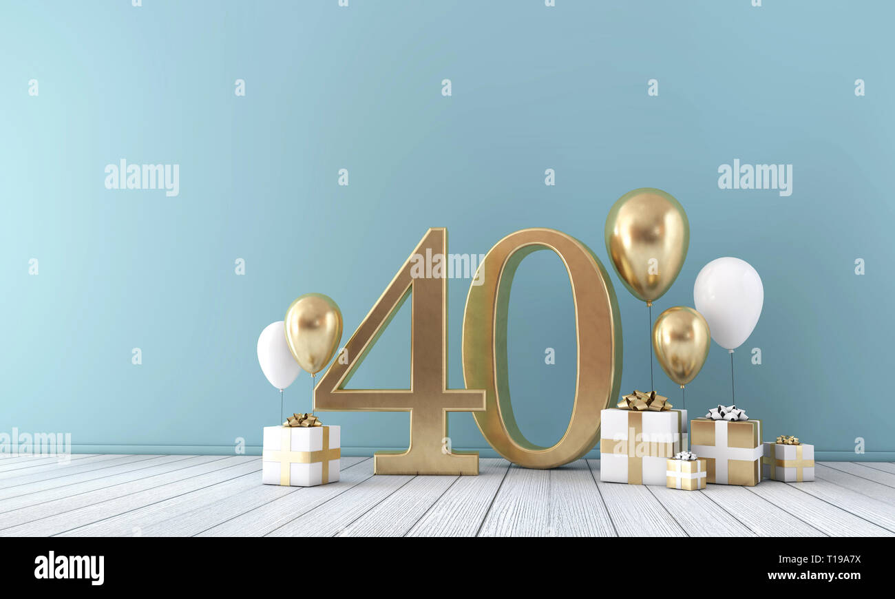 Number 40 party celebration room with gold and white balloons and gift ...