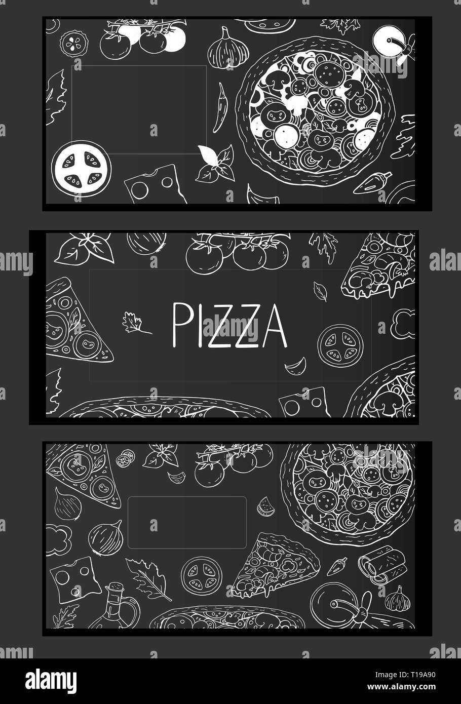 Vintage horizontal italian pizza tree banners on black background Stock ...