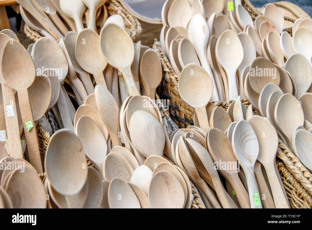 Istanbul, Turkey, 3 May 2014: Wooden spoons at Hasircilar Bazaar ...