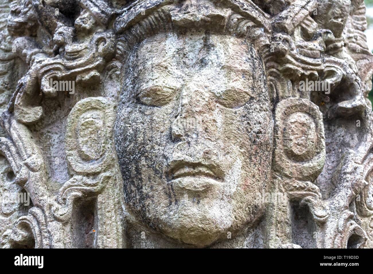 Mayan Face Carved in Stone Temple, World Famous Copan Ruins Archeological Site of ancient Maya ...