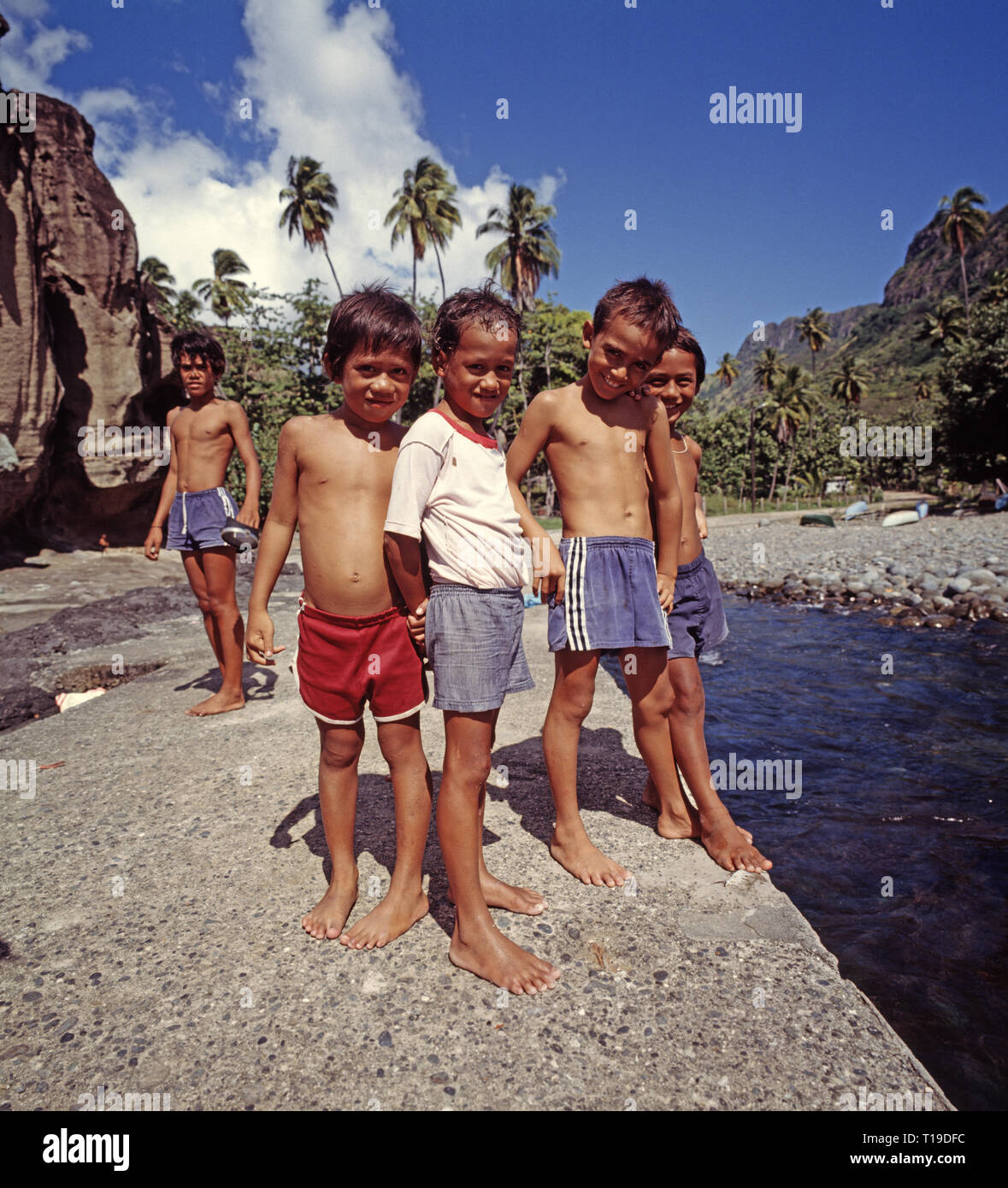 French Polynesia. Marquesas Islands. Group of indigenous boys Stock ...