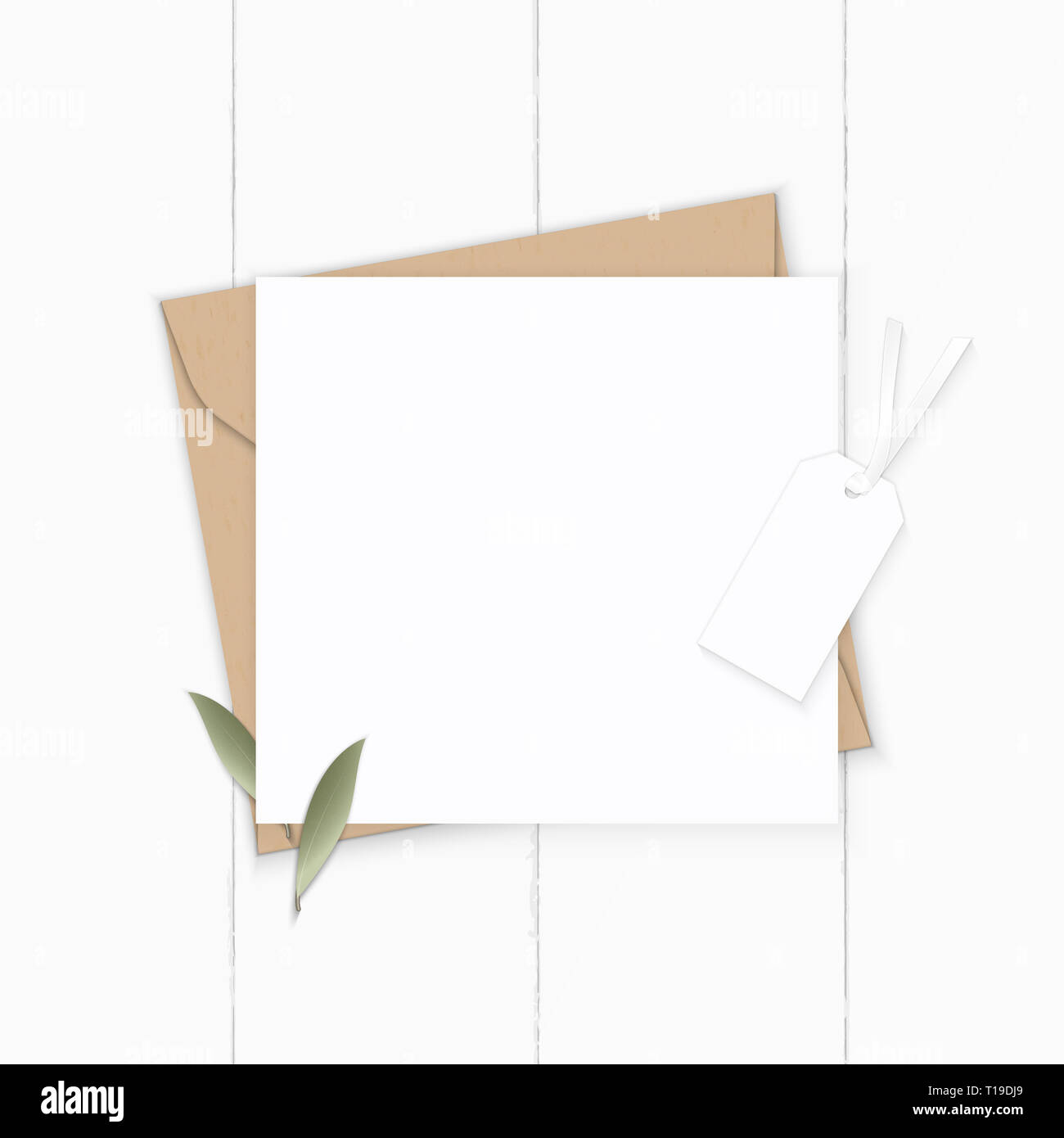 Flat lay top view elegant white composition letter kraft paper envelope ...