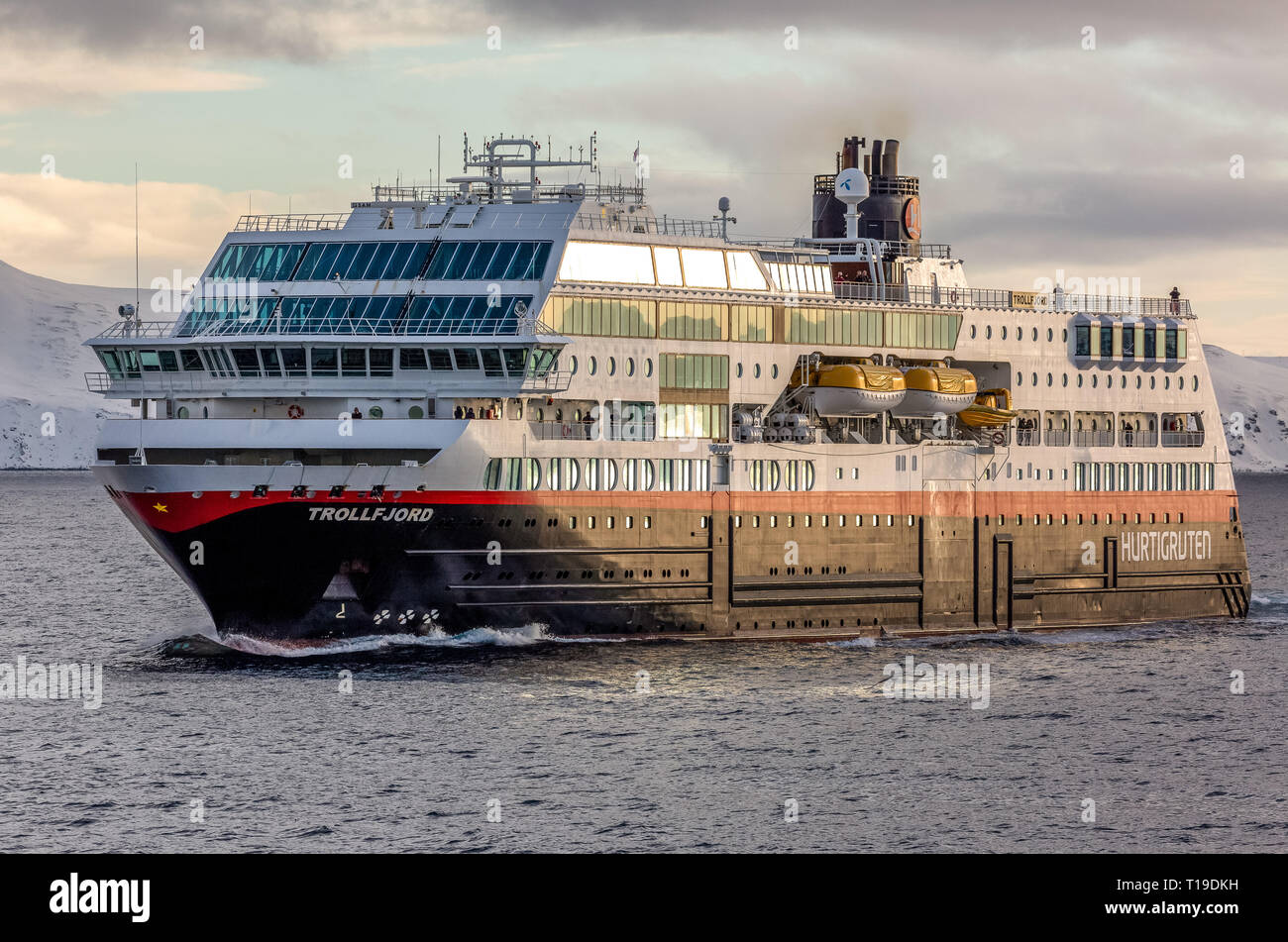 The Hurtigruten Cruise ship Trollfjord from Norway, which takes ...