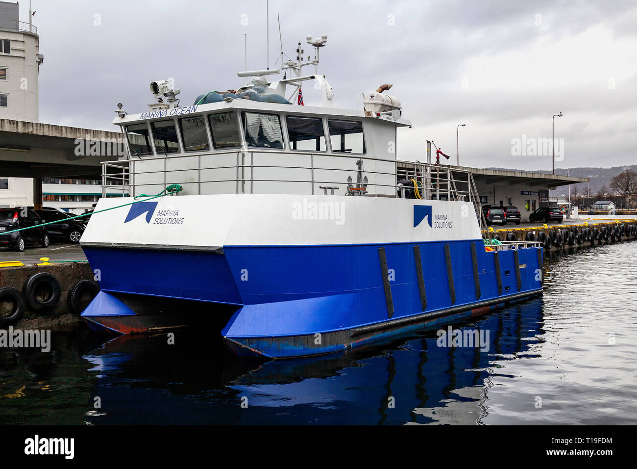 Marina Ocean, a specialty work and cargo catamaran moored in the port ...