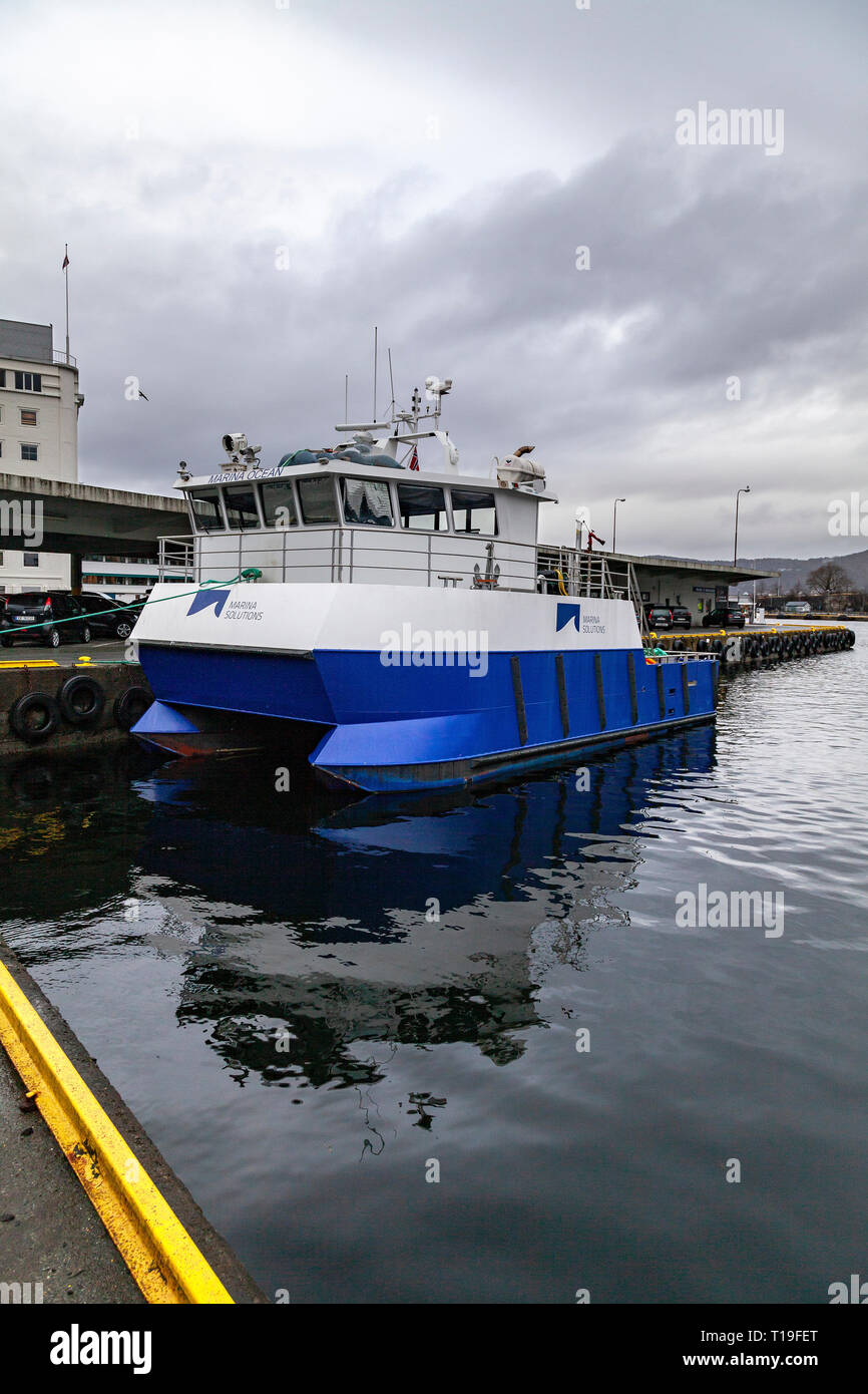 Marina Ocean, a specialty work and cargo catamaran moored in the port ...