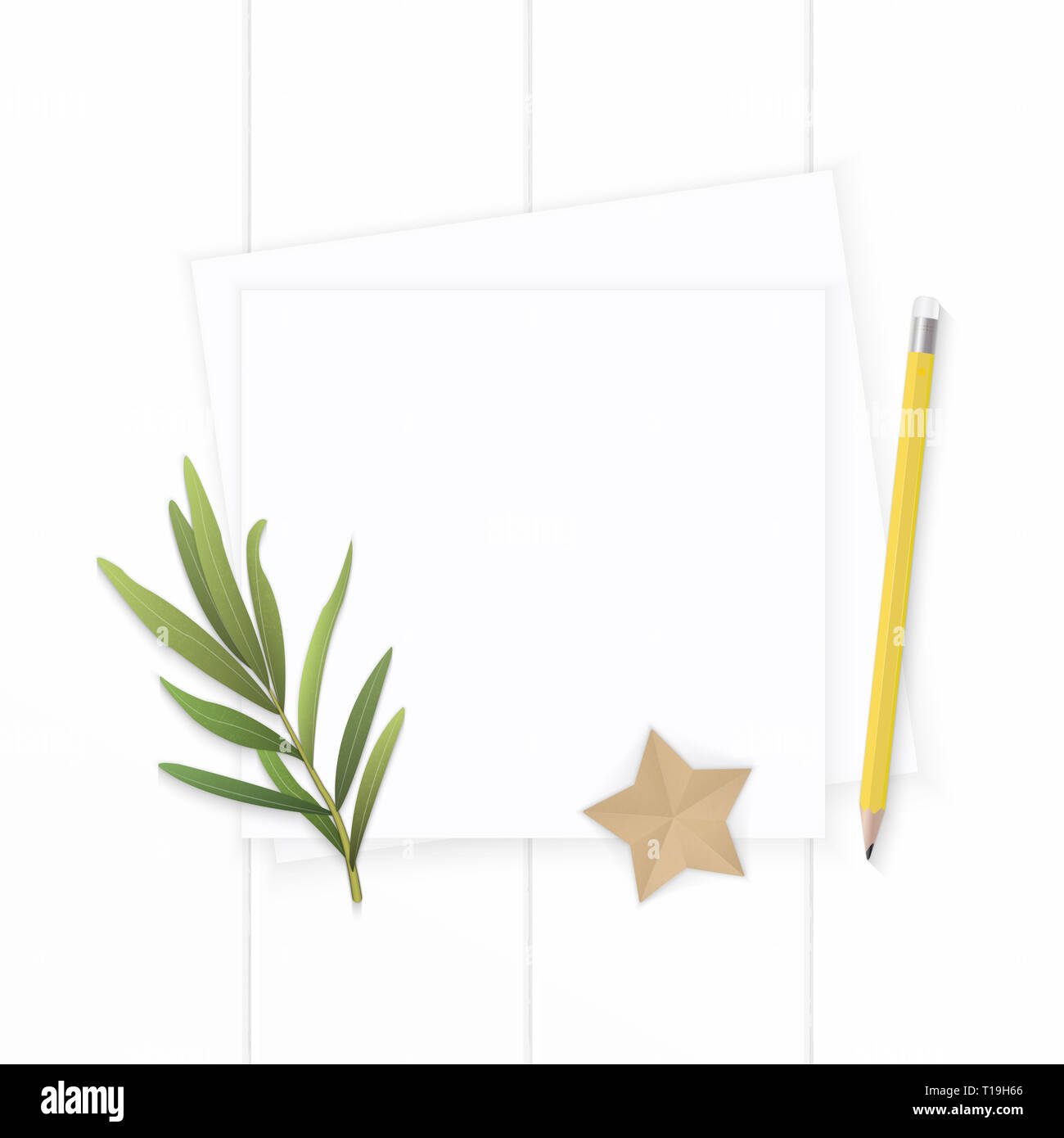 Flat lay top view elegant white composition paper tag yellow pencil ...
